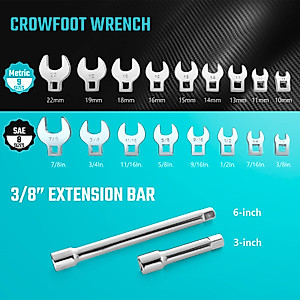 DURATECH 3/8" Drive Crowfoot Wrench Set with 2 Extension Bars, SAE & Metric, 19-Piece, 10-22mm & 3/8"-7/8", CR-V Steel, with EVA Foam Tool Organizer