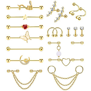 NICEIGHT 20Pcs 316L Stainless Steel Industrial Barbell Earring Cartilage Earring Helix Tragus Studs Conch Daith Piercing Jewelry G