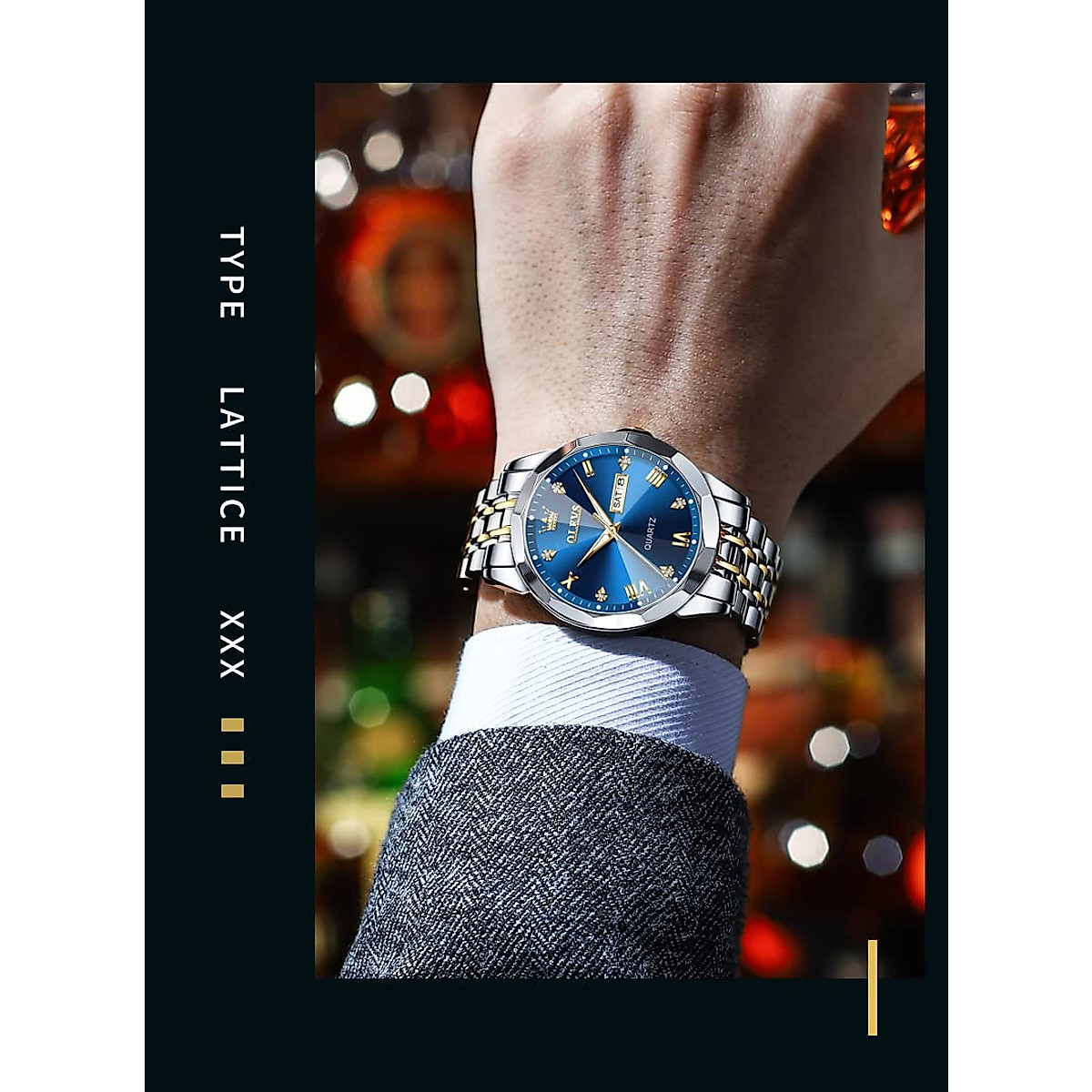 OLEVS Watch for Men Diamond Business Dress Analog Quartz Stainless Steel Waterproof Luminous Date Two Tone Luxury Casual Wrist Watch Blue