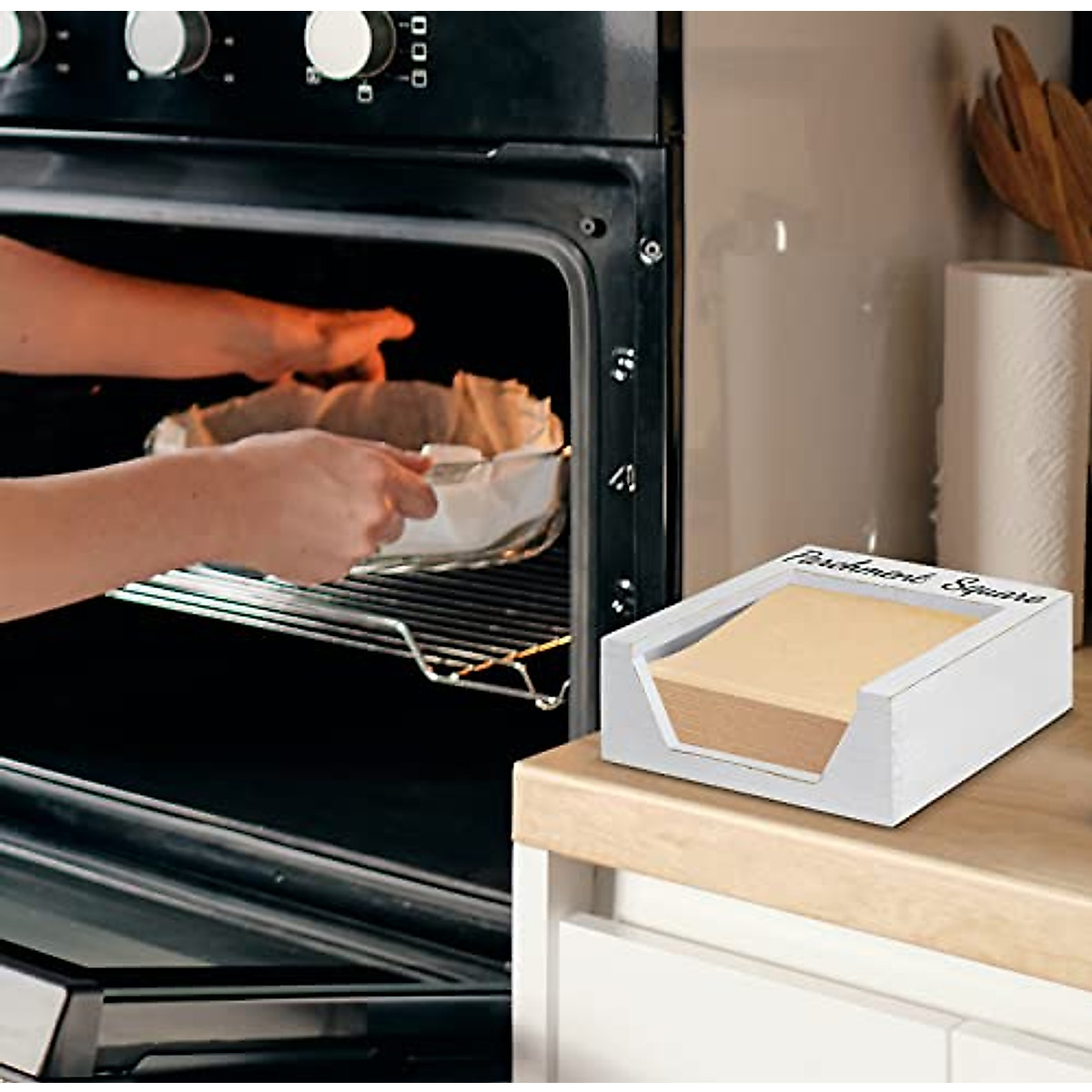 Parchment Paper Sheets Dispenser, Parchment Paper Square Holder for Kitchen Counter Drawer Organizer, Wooden Parchment Paper for Baking Hamburger Patty Paper Dispenser, Wax Paper Dispenser