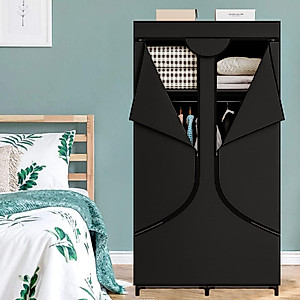 SORCEDAS Portable Wardrobe Closet Storage Organizer Metal Hanging Rack Non-Woven Fabric 34 Inch Black