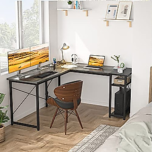 Ecoprsio L-Shaped Desk with Power Station and USB, Large L Shaped Gaming Desk with Storage Shelves Industrial Corner Desk Writing Study Table for Home Office Gaming Workstation, Oak and Black