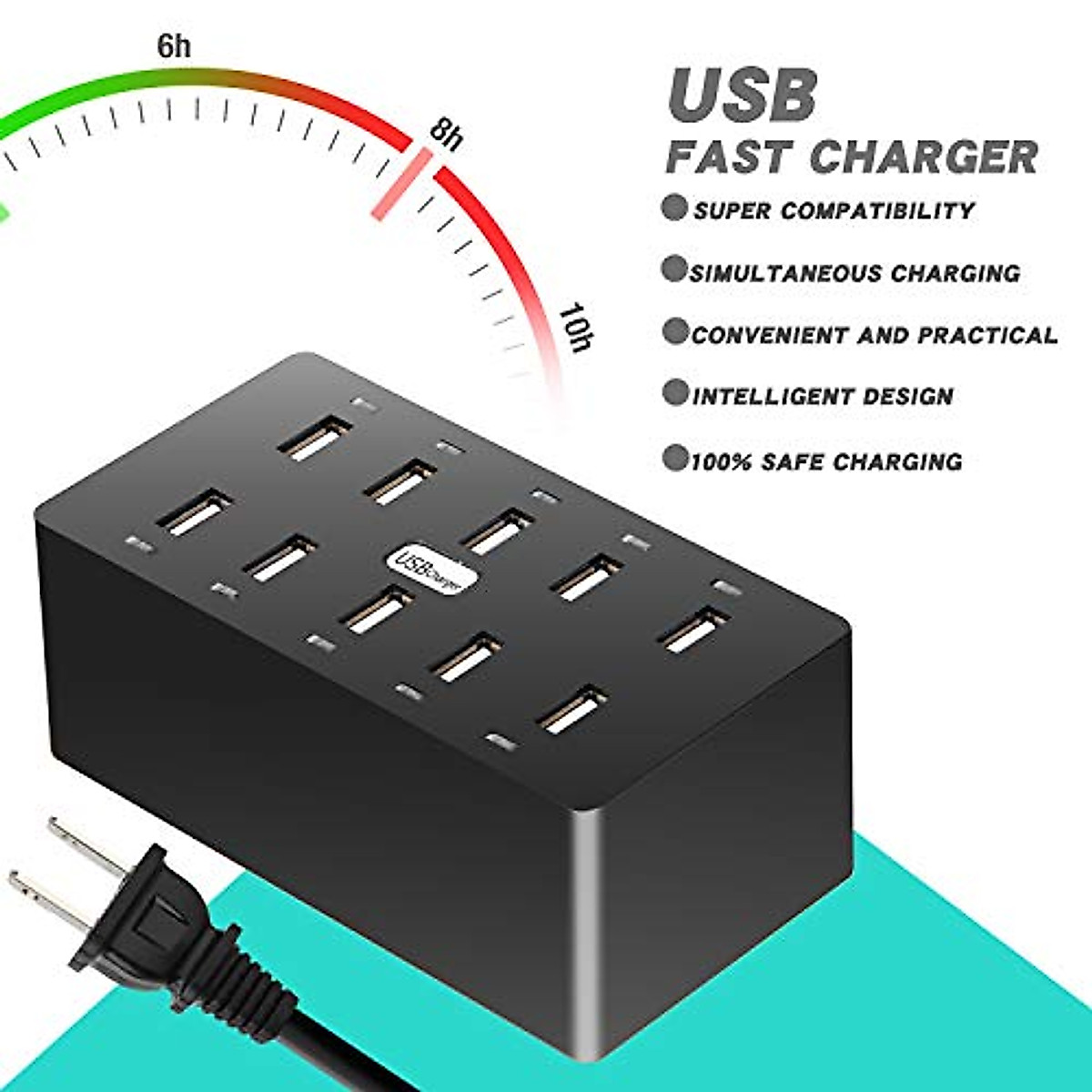 10 Ports Wall Charger, 50W 10-Port Family-Sized Desktop USB Rapid Charger,Multiple Charging Station,Compatible with Smartphones and Other USB Charging Devices