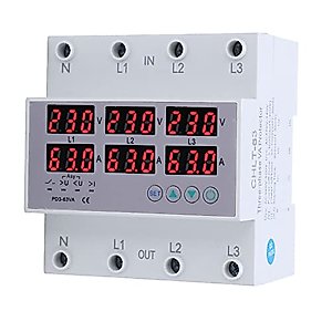 Fewb Digital 3 Phase DIN Rail Voltmeter Ammeter, AC 390‑500V Electricity Usage Monitor Power Meter Voltage Amps Watt Kwh Frequency Power Factor Meter Multimeter Current Power Tester(63A)