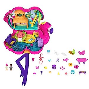 Polly Pocket Travel Toy, Flamingo Party Playset with 2 Micro Dolls and 26 Surprise Accessories, Animal Toy Compact
