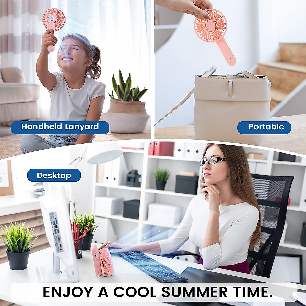 Passionbility Portable Handheld Fan - 2000mAh Personal Portable Fan Rechargeable, 180° Foldable USB Desk Fan with 3 Wind Speed, Battery Operated Fan for Travel Office Household
