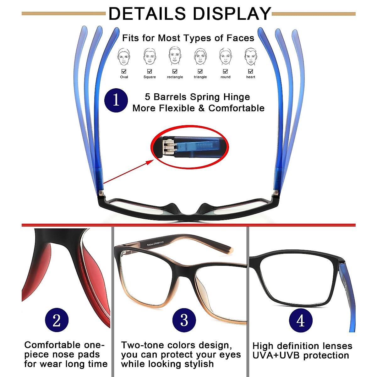 Reading Glasses for Men 4-Pack Stylish Computer Readers with Spring Hinges, Anti Glare/Eye Strain Filter UV Ray Blue Light Blocking Two-Tone Reader Eyeglasses,+1.5 Magnification Strength