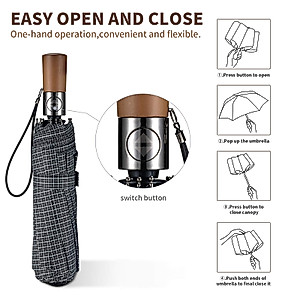 HOMILOOP Compact Folding Umbrella,10 Ribs Business Brolly,Automatic Opening,Compatible Rainy and Sunny Weathers,Vintage Plaid and Wooden Handle Parasol