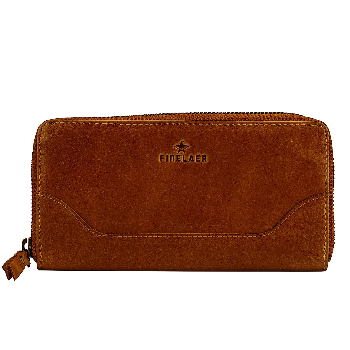 FINELAER Brown Leather Women Wallet Purses Zip Around RFID