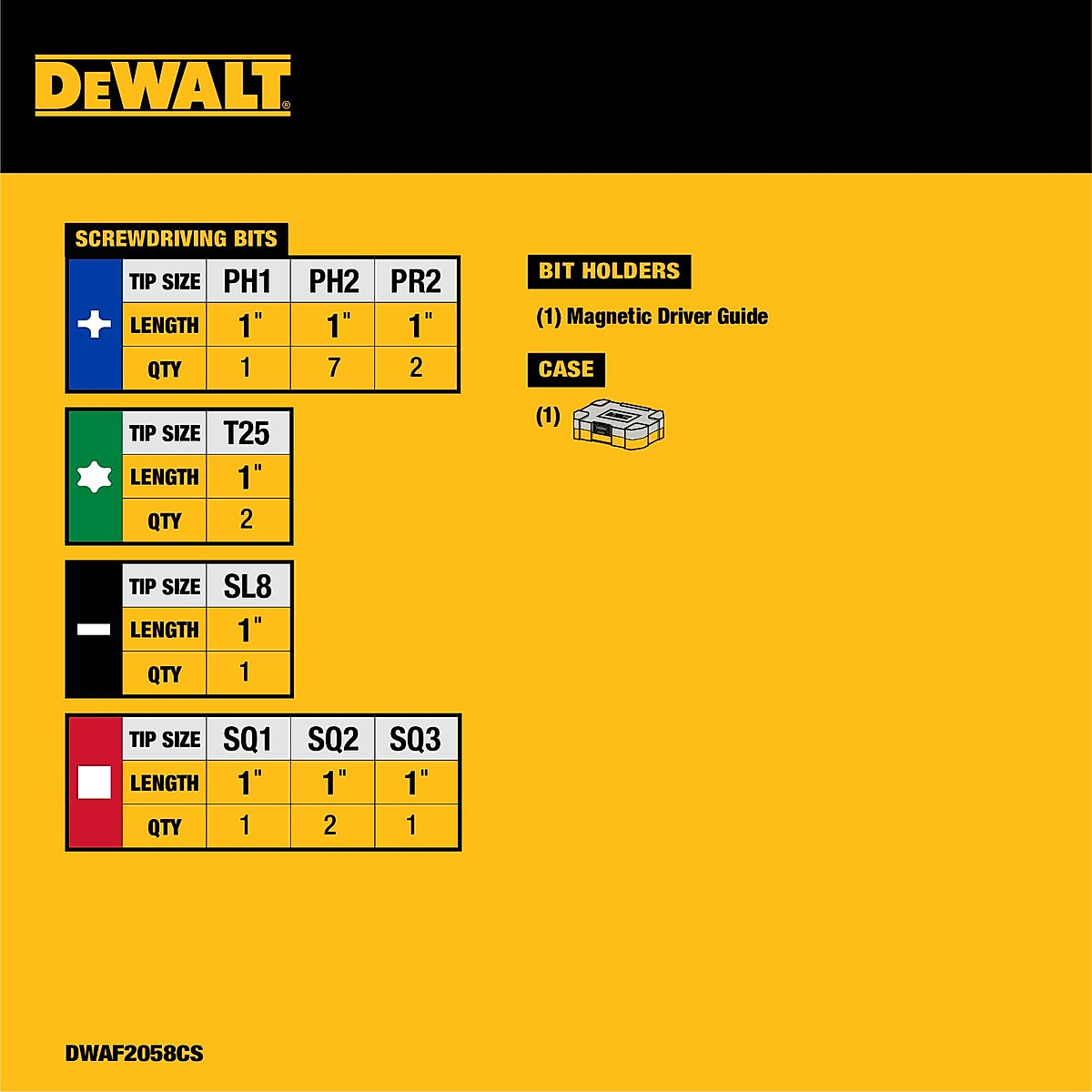 DEWALT DWAF2058CS 18 pc. Compact Magnetic Drive Guide Set, Yellow