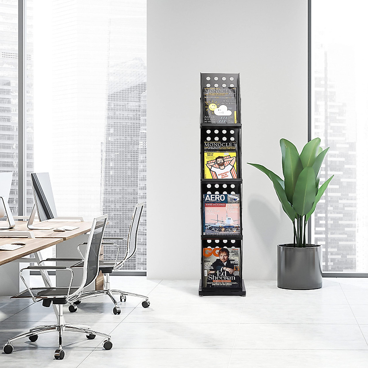 WERTIRUNG Brochure Magazine Catalog Literature Display, Literature Catalog Rack with Carrying Bag, Foldable Magazine Stand for Office Retail Store and Exhibition Trade Show, 4 Pockets (Black)