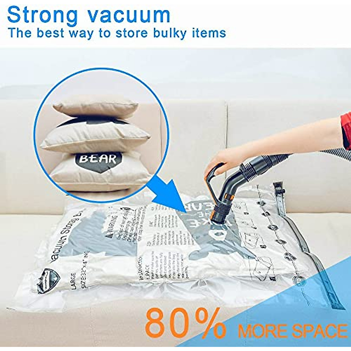 SUOCO Vacuum Storage Bags (4 Jumbo, 4 Large), Space Saver Bags for Clothes, Bedding, Pillows, Comforters, Blankets Storage, Vacuum Sealer Compression Airtight Bags with Travel Hand Pump