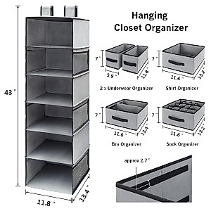6 Shelf Hanging Closet Organizers Storage Easy Mount Collapsible Accessory Closet Shelf Organizer, Baby Nursery Sweater or Shoe Organizer (Gray)