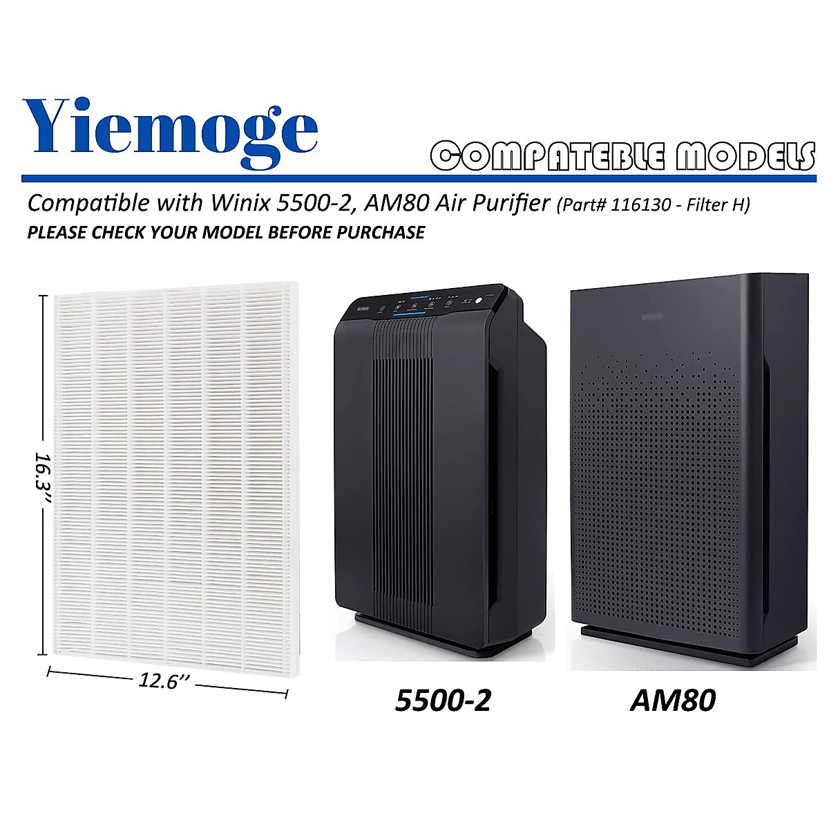 Yiemoge True HEPA Replacement Filter H 116130 Compatible with Winix Air Purifier 5500-2 and Models AM80 (3 HEPA Filters)