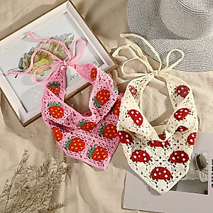 AWAYTR Crochet Bandana Head Kerchief Hair Scarf 2Pcs Knitted Scarves Tie Bcak Floral Headwrap for Women Girls (Strawberry Mushroom (pink+beige))