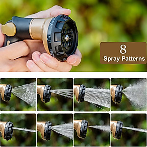 FANHAO Garden Hose Nozzle Heavy Duty, 100% Metal Water Hose Sprayer with 8 Spray Patterns, High Pressure Spray Nozzle Thumb Control On Off Valve for Lawn & Plant Watering, Car & Pet Washing - Khaki