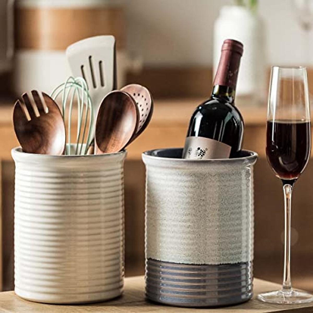 YHOSSEUN Cooking Utensil Holder, Ceramic Utensil Holder for Kitchen Counter, 6.8” Large Kitchen Utensil Holder Crock for Utensils, Farmhouse Utensil Organizer Storage Caddy