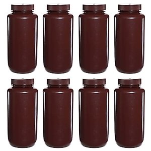 LUERFLEX 500ML 16OZ Amber Wide Mouth PP Plastic Reagent Bottles with Caps Pack of 8