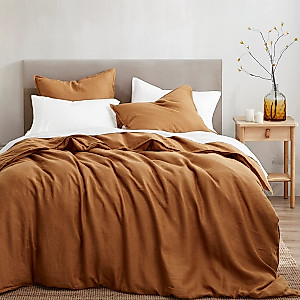 HiEnd Accents Linen Duvet Cover Set 100% French Flax Linen Duvet Covers King, Orange Caramel Solid Color Breathable Durable Cooling Linen Bedding Set with 1 Linen Comforter Cover and 2 Shams