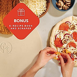 Cast Elegance Durable Thermal Shock Resistant Thermarite Pizza Stone & Baking Stone for Oven & Grill, Includes Wooden Pizza Paddle, Recipe E-Book & Cleaning Scraper, Large,14x16 inch, 5/8th inch Thick