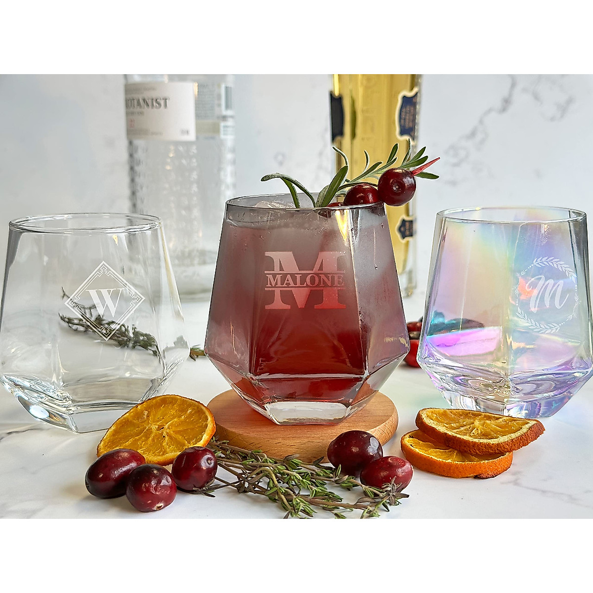 Customizable 11.5 Oz Etched Stemless Diamond Shaped Stemless Wine Glass Engraved Personalized with Message, Iridescent Modern Rainbow Geometric Rocks Whiskey Glass, Craft Cocktail Glass (Single)
