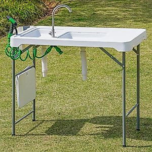 Allpop Folding Fish Cleaning Table with 2 Sinks, 42.5’’ Portable Camping Fish Fillet Station with Faucet, Spray Nozzle, Drain Hose, Storage Box, Built-in Drawer& Knife Groove for Picnic, White