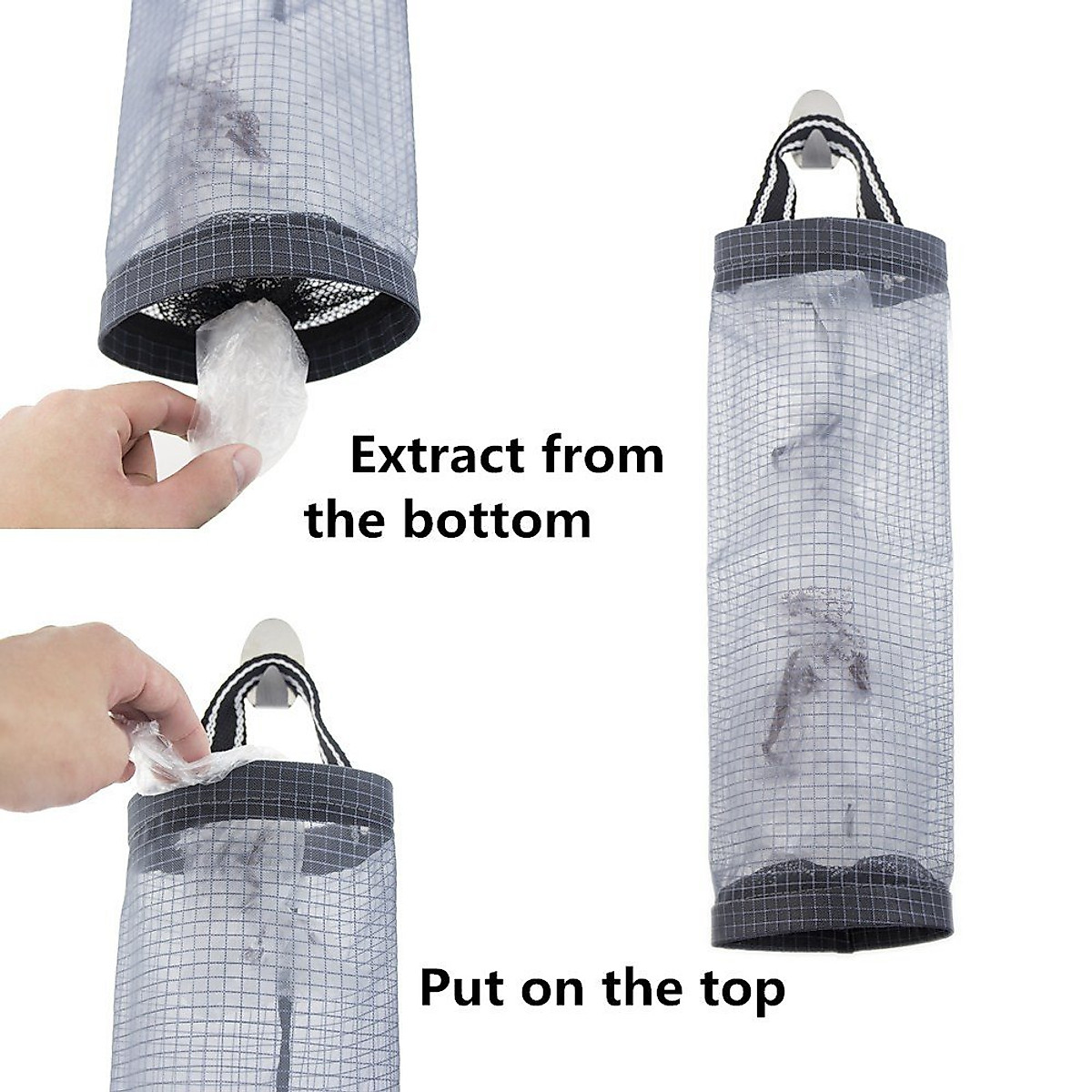 Plastic Bag Holder Sulimy Dispensers Folding Mesh Garbage Bags 2pcs Hanging Storage Bag Trash bags Holder Organizer Recycling Grocery Pocket Containers with 2 Hooks for Home and Kitchen Grey & Green
