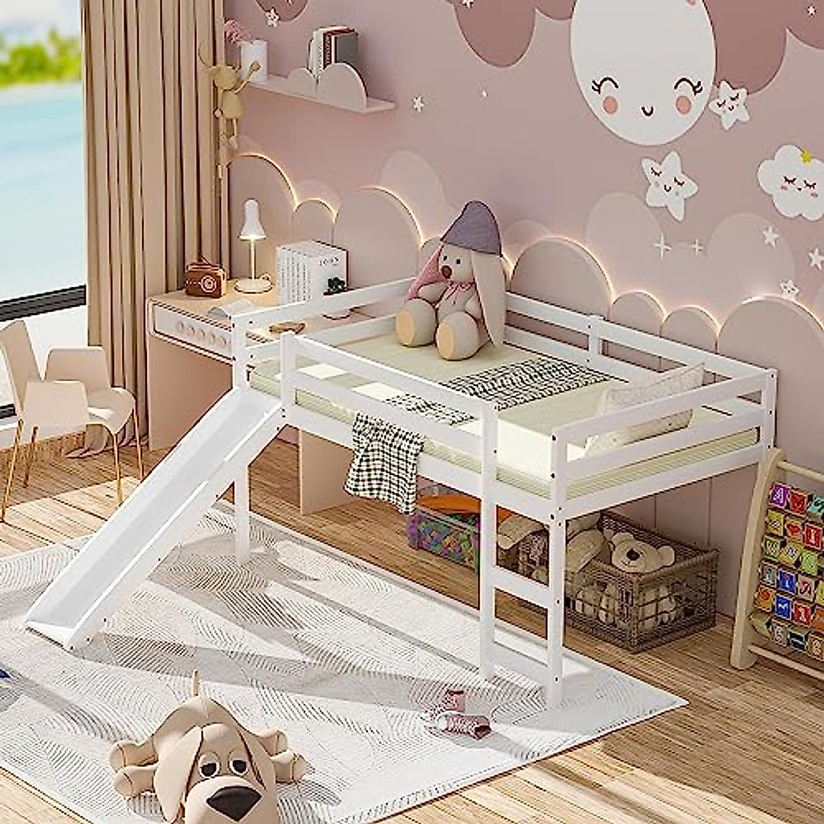 NAFORT Twin Loft Bed with Slide, Low Loft Bed with Stairs, Solid Wood Twin Loft Bed Frame for Girls Boys with Climbing Ladders Guard Rails and Slat Support - White