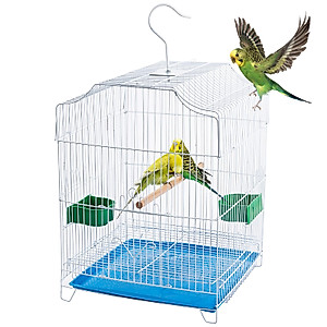 Kuzino Small Bird Travel Cage - Economy and Lightweight Small Birds Carrier Cages for Parakeets Lovebirds Parrotlets Finches Canaries with White Wire, Blue Plastic Base with Removable Tray