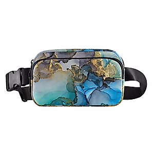 Mixed Blue, Grey, Golden Alcohol Ink Abstract Marble Texture Adjustable Belt Running Bag, Crossbody Fanny Pack Waist Runners Bag Tote for Women Men Sports Hiking Fitness Exercise Gym Pouch