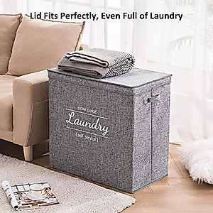 YOUDENOVA Double Laundry Hamper with Lid, Divided Dirty Clothes Basket with 2 Removable Liner Bag, Dual Hampers for Laundry Sorter 2 Section, Grey