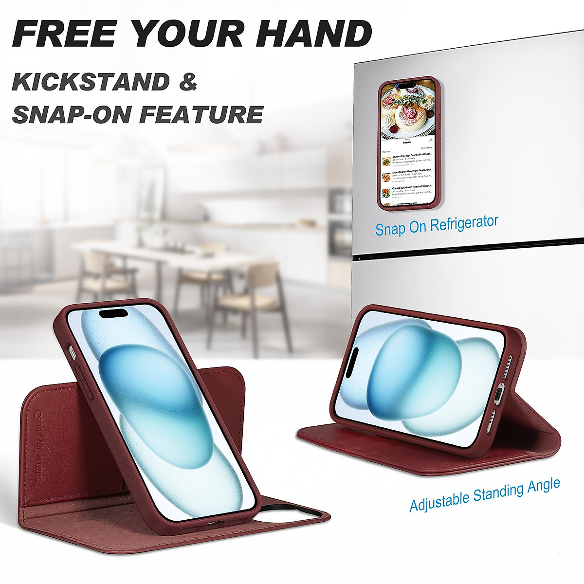 SHIELDON Wallet Case for iPhone 15 Plus 5G, Genuine Leather Detachable Book Flip RFID Blocking Card Slot Magnetic Shock Absorbing Wireless Charging Case Compatible with iPhone 15 Plus - Wine Red