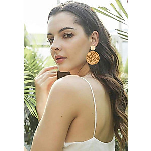 Rattan Earrings Handmade Straw Wicker Braid Woven Drop Earrings Boho Round Disc Earrings Lightweight Statement Stud Earrings For Women (metal disc)