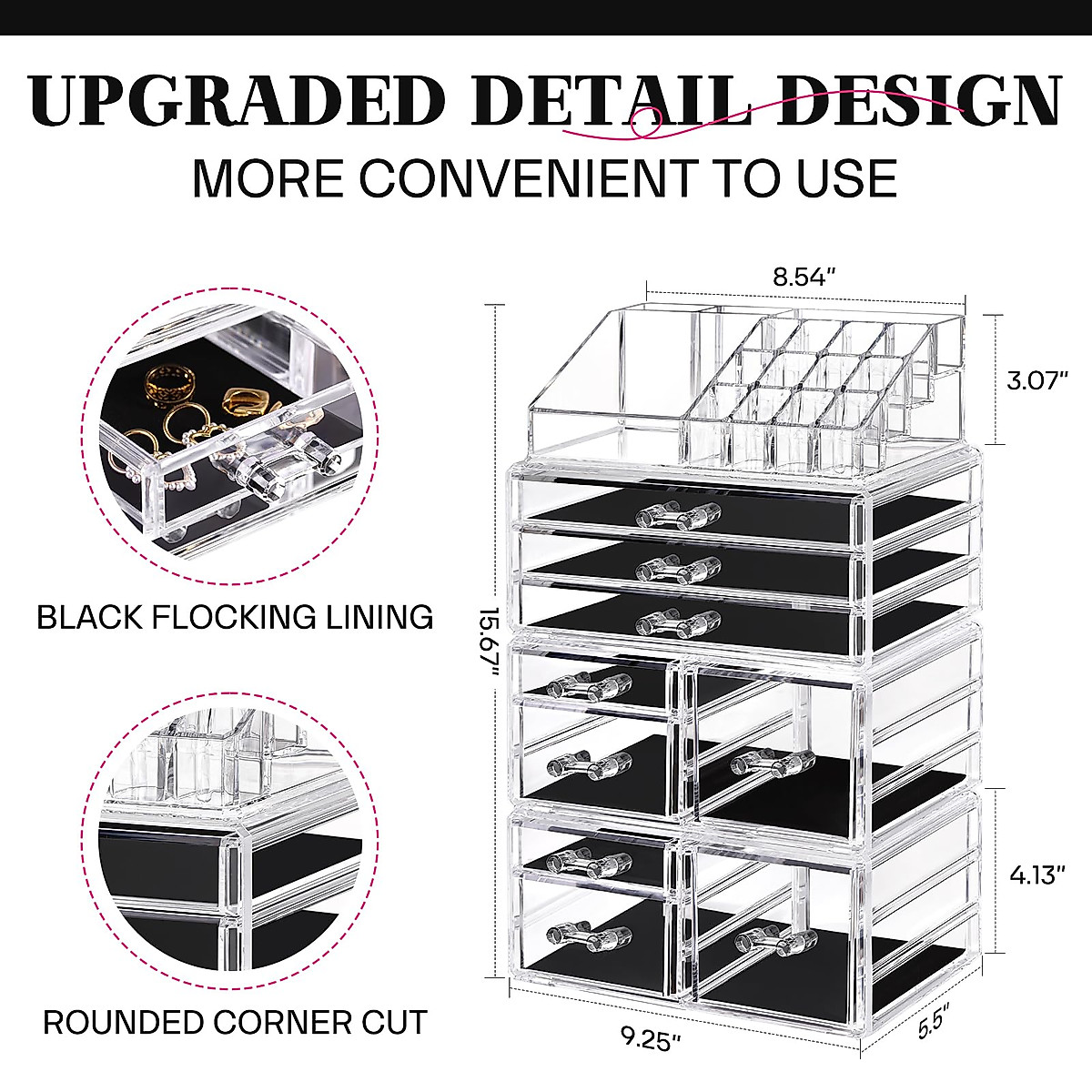 DreamGenius Makeup Organizer 4 Pieces Acrylic Makeup Storage Organizer Box with 9 Drawers for Lipstick Jewerly and Makeup Brushes, Stackable Cosmetic Display Cases for Dresser and Bathroom Countertop
