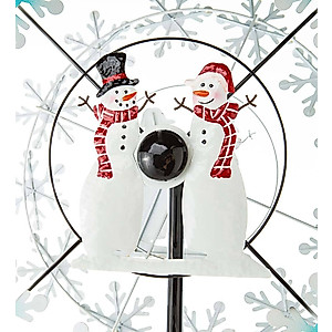 Plow & Hearth Christmas Holiday Winter Snowman and Snowflakes Metal Wind Spinner with Dual-Motion Rotors and Sectional Steel Pole with Ground Stakes in Powder-Coated Metal, 24" Dia. x 12" D x 75" H