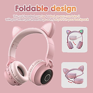 Cat Ear Kids Bluetooth Headphones Wired with Mic for School - Wireless Boy Girls Noise Cancelling Bluetooth Headphones Foldable Children Headsets for iPad Kindle Airplane Travel Tablet (Beige Pink)