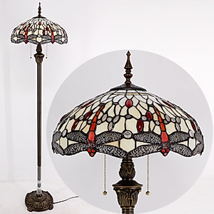 WERFACTORY Tiffany Floor Lamp Dragonfly Amber Stained Glass Standing Reading Light 16X16X64 Inches Antique Pole Corner Lamp Decor Bedroom Living Room Home Office S557 Series