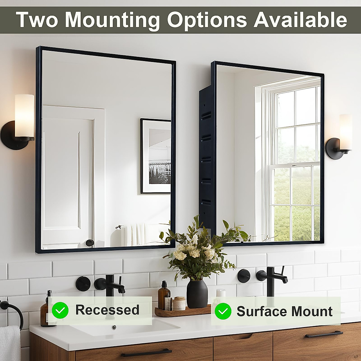 KIMREAL Recessed Medicine Cabinets with Mirror, Black Bathroom Mirror with Storage, Rectangle Medicine Cabinet Mirror, Farmhouse Framed Wall Mirror Recessed or Surface Mount, 20x26 Inch