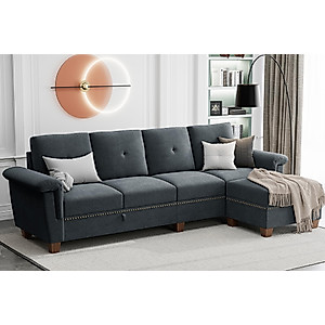 JAMFLY Sectional Couches for Living Room L Shaped Couch with Storage, 4-Seat Convertible Sectional Sofa Couch with Ottoman, Living Room Furniture Sets with Cup Holders, Dark Gray