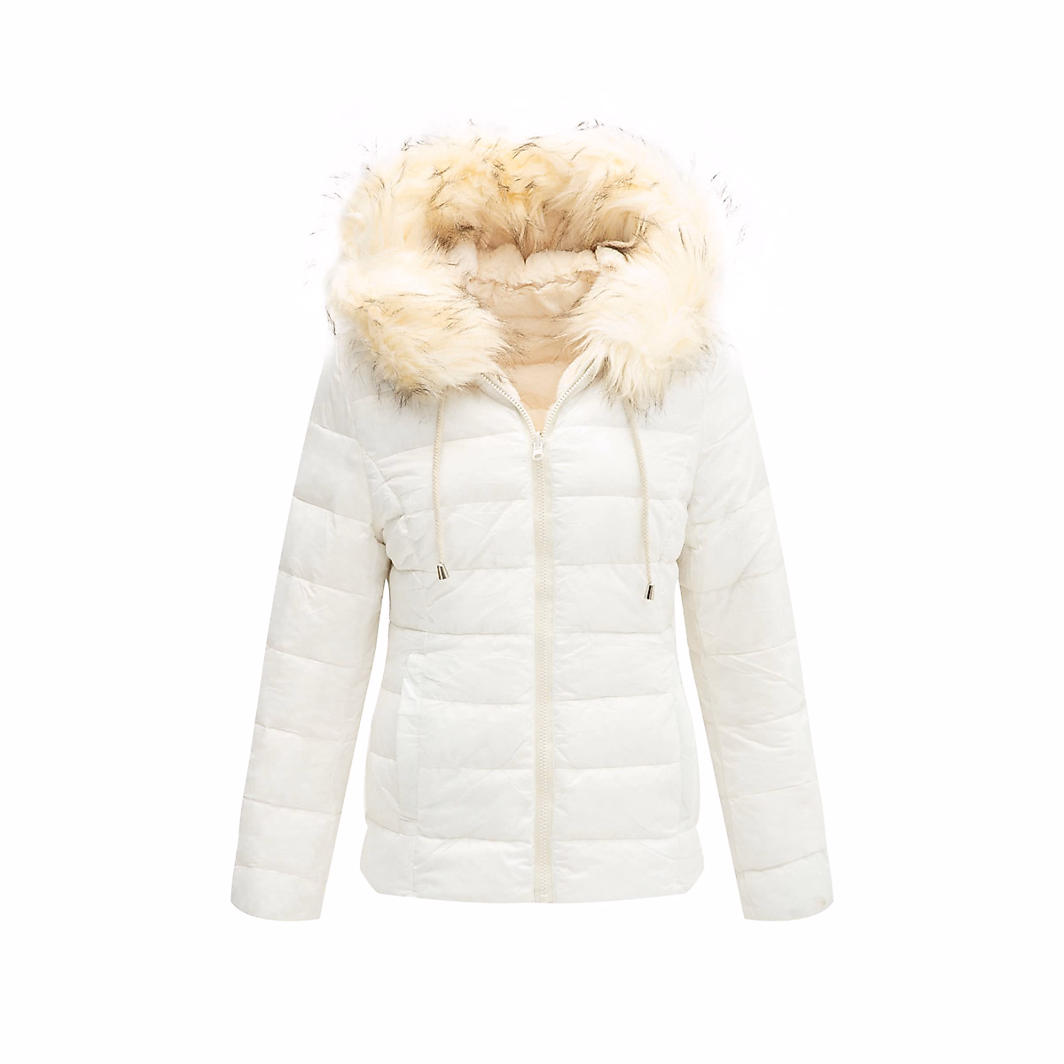 Bellivera Women Double Sided Faux Fur Jacket Reversible Winter with Fur Collar Hood Puffer Coat Worn on Both Sides 19225 White L