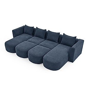 DHPM Modular Sectional, U-Shaped Couch with Double Chaise & Pillows, Modern Minimalist Boucle Fabric Large Comfy Sofa for Living Room Office Apartment, 117 inch, Navy