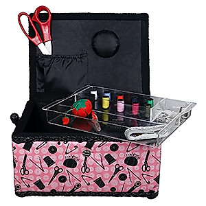 SINGER 07276 Sewing Basket with Sewing Kit Accessories, Pink & Black