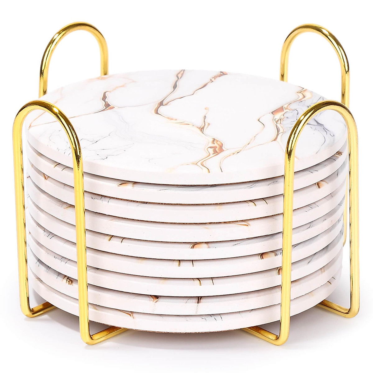 9 Pieces Ceramic Drink Coasters with Holder, Billbotk Absorbent Drink Coasters for Coffee Table, Marble Style Coasters Wooden Table, Suitable for Kinds of Cups, 4 Inches