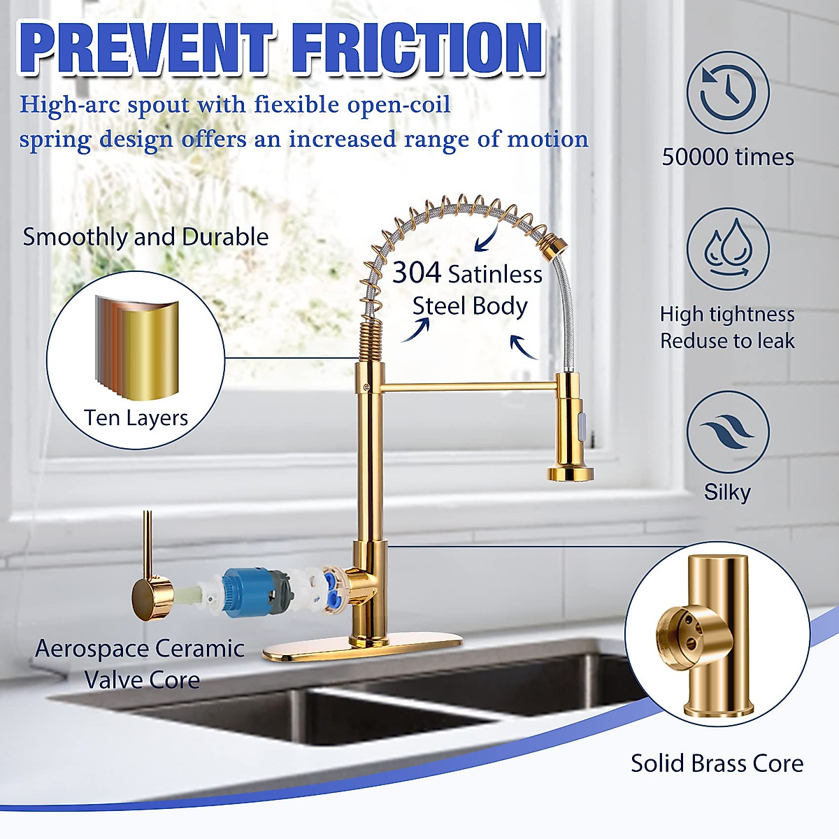 Gold Kitchen Faucet Stainless Steel Pull Down Kitchen Sink Faucet with Spray 1/One Hole Pre-Rinse Spring High- Arc Single Handle Kitchen Faucets for Sink Home Grifo del fregadero de la cocina dorada