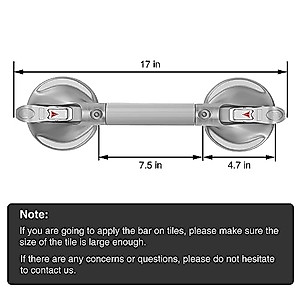 DAILYLIFE Suction Cup Grab Bar Bathroom, Tool Free Shower Handle, Portable Grab Handle for Bathtub, Safety Rail for Handicap Elderly Senior, Quick (Dis) Assemble, Heavy Duty (253 LB), 17 inch Silver