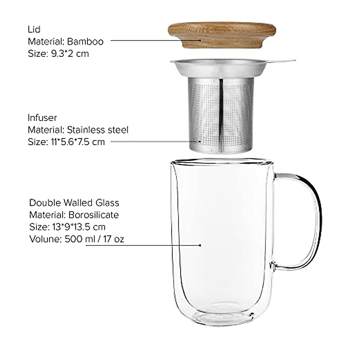 VIVA Minima Double Wall Glass Balance Tea Mug with Mesh Infuser and Wood Lid- 500 ml / 17 oz