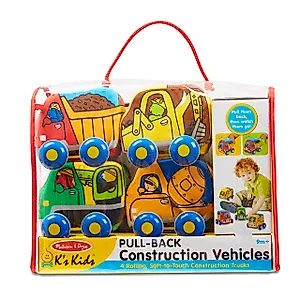 Melissa & Doug Pull-Back Construction Vehicles - Soft Baby Toy Play Set of 4 Vehicles - Cars For Infants, Construction Toys, Pull Back Cars For Babies Ages 9m+
