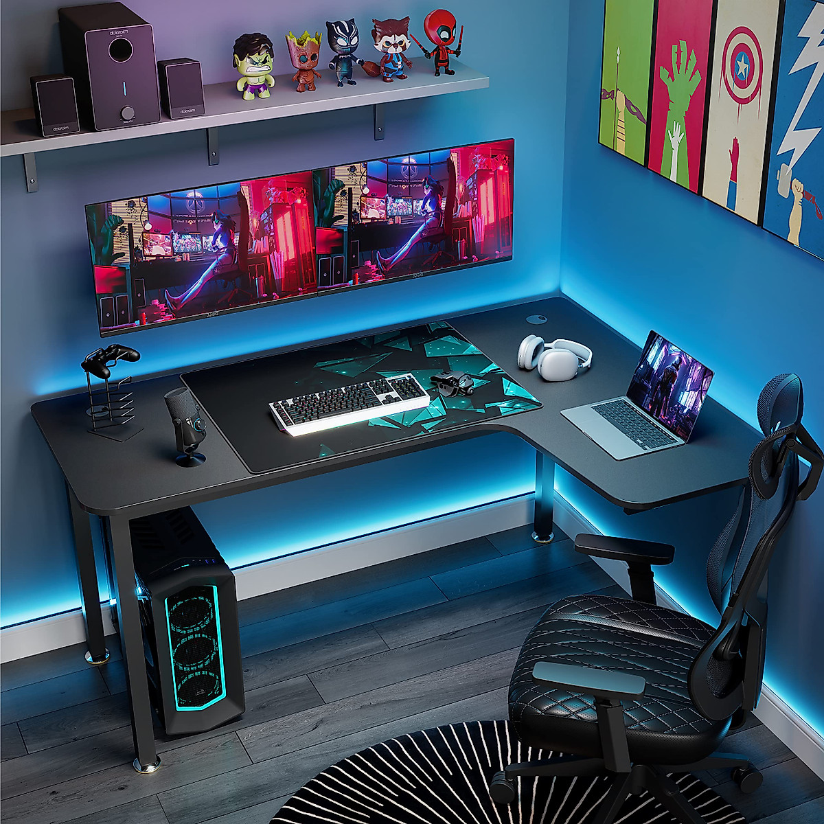 It's_Organized L Shaped Gaming Desk, 60 Inch Corner Computer Desk, Study Writing Desk, Ergonomic Gaming Table Workstation with Large Mouse Pad, Sturdy Metal Frame, Easy to Assemble, Right Side Black