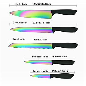 Stainless Steel Knife Set，5Pcs Kitchen Knife Set With Rainbow Titanium Coating Blade,Extremely sharp Non Stick Non Rust Knife Set with Comfortable Handle (Black)