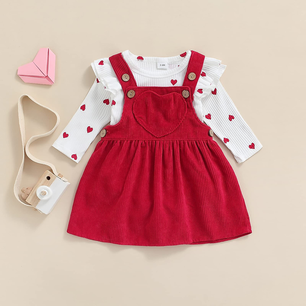 RSRZRCJ Newborn Baby Girl Valentines Day Outfit Long Sleeve Heart Print Bodysuit Romper Top Suspender Overall Skirt 2PCS Set (Ruffle White+Red, 12-18 Months)
